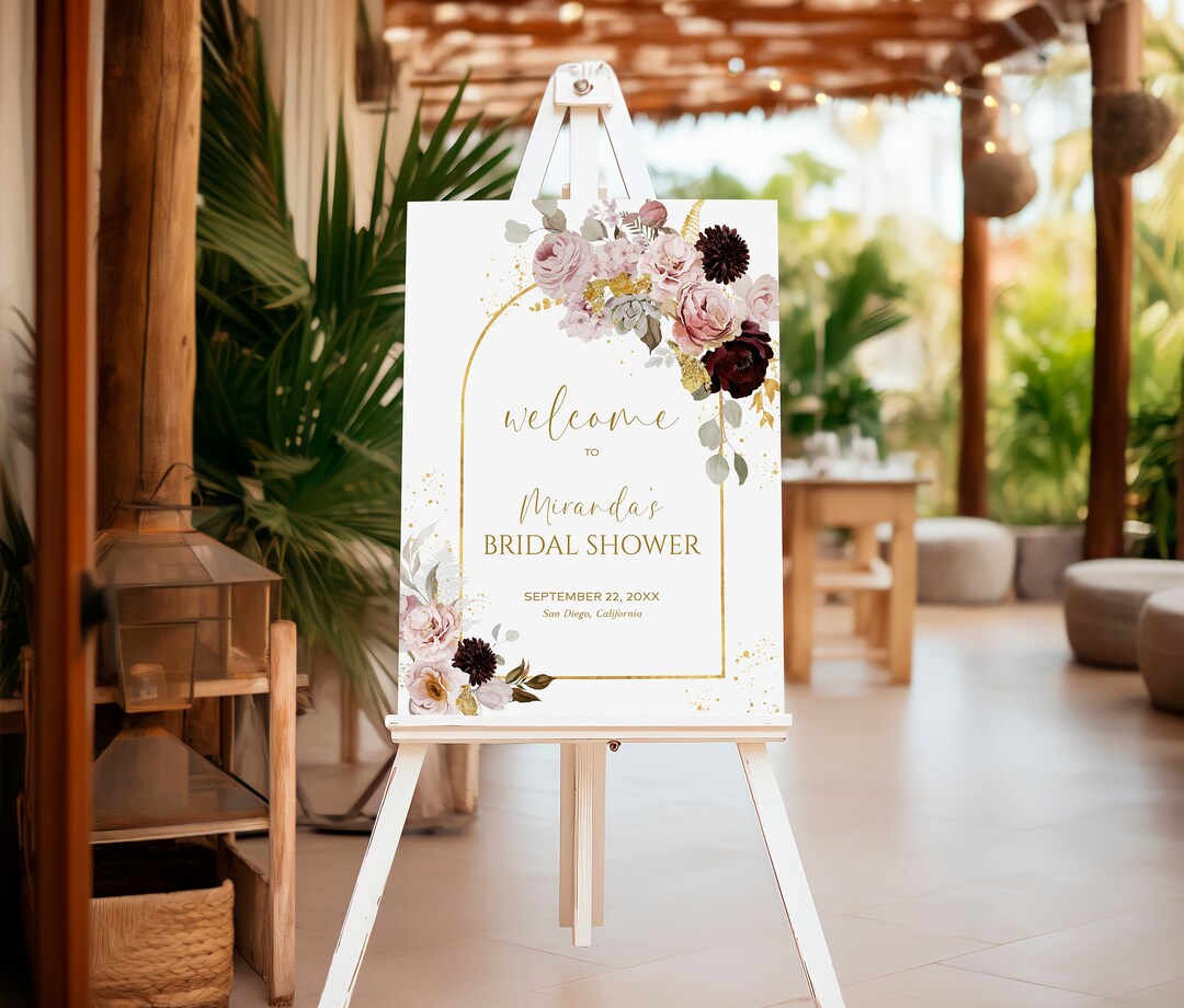 Bohemian Welcome Sign, EDITABLE Boho Gold Arch Bridal Shower Template ...