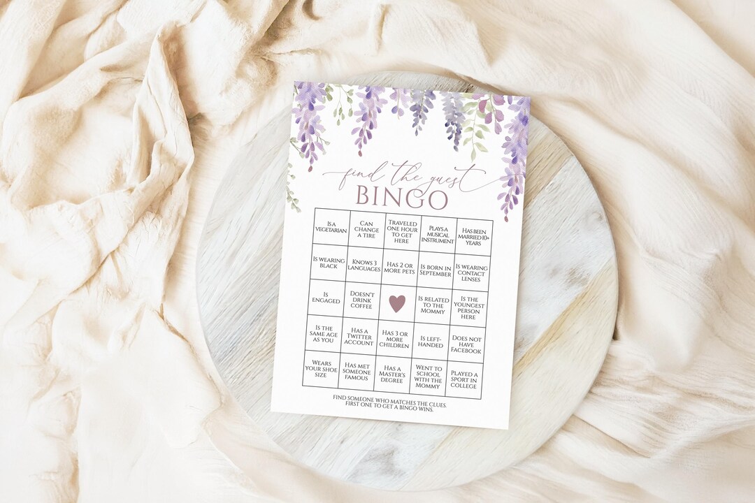 Elegant Purple Wisteria Find the Guest Bingo Game | EDITABLE Printable ...