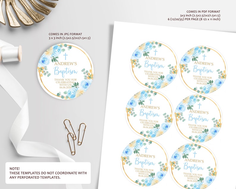 Baptism Favor Tag Template EDITABLE Round Blue & Gold Floral - Etsy