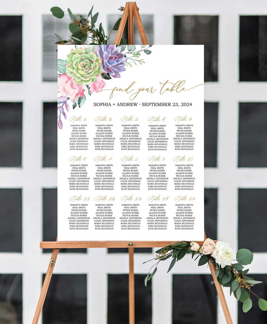 Succulent Floral Wedding Seating Chart: Pink Rose & Blue Flowers ...