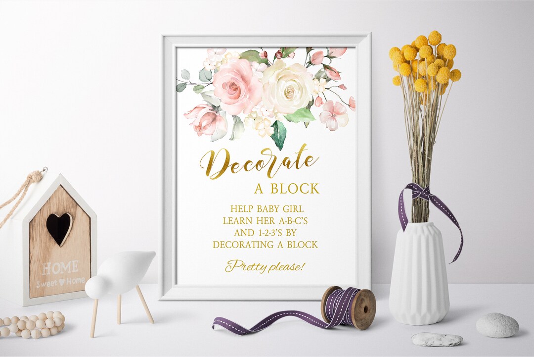 Floral Decorate a Block Baby Shower Game Sign (printable PDF) - Etsy