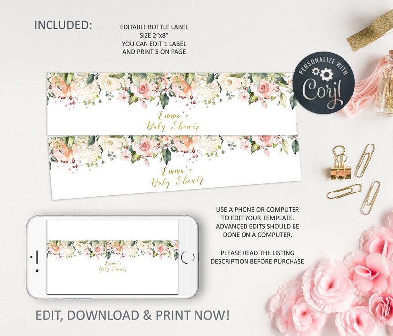 EDITABLE Boho Floral Bottle Label Water Labels Printable - Etsy