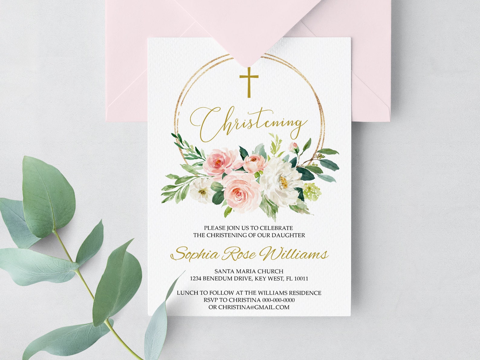 Floral Christening Invitation Template: Blush Pink & Gold (digital ...