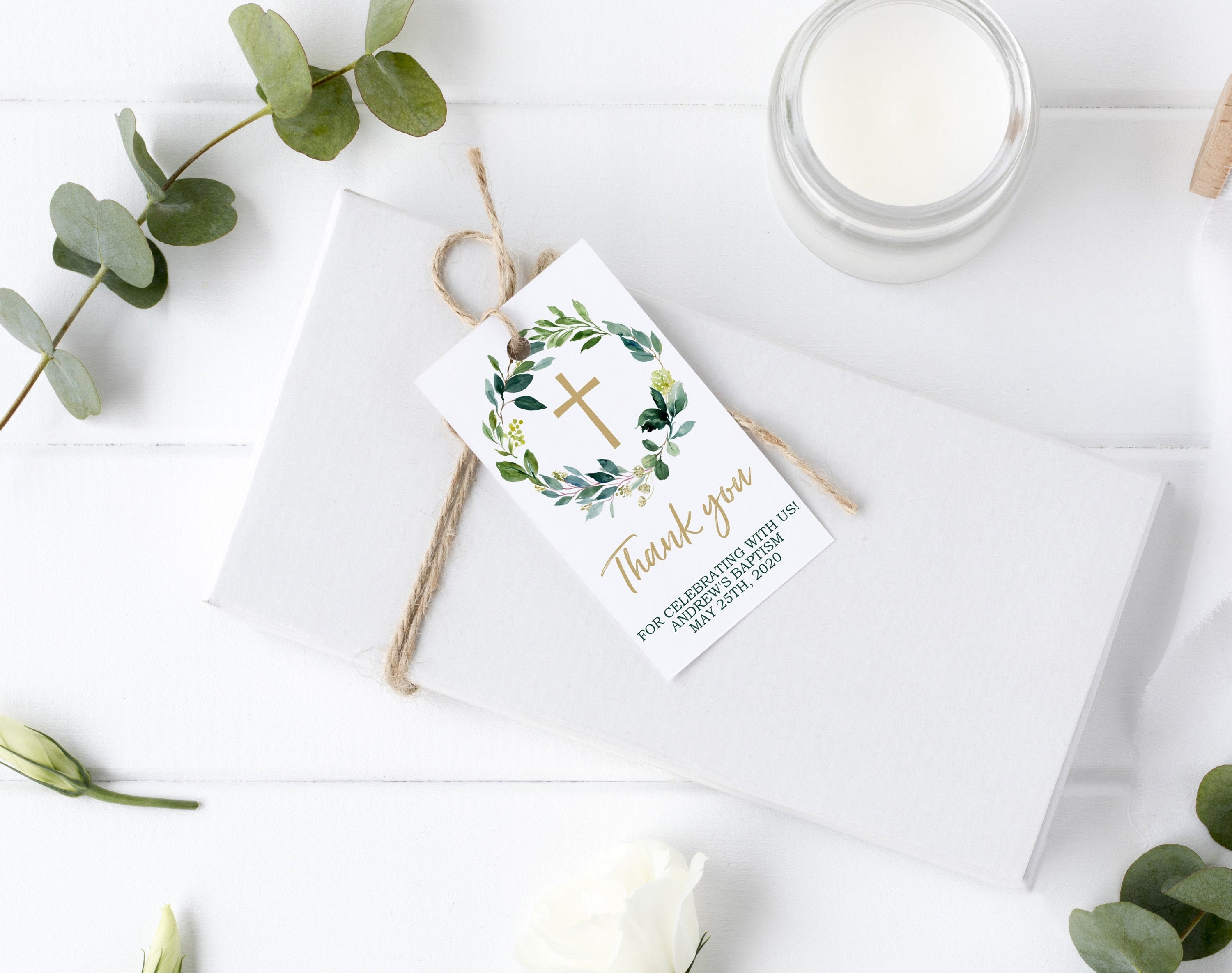 Baptism Thank You Favor Tag Template Green and Gold Tag - Etsy