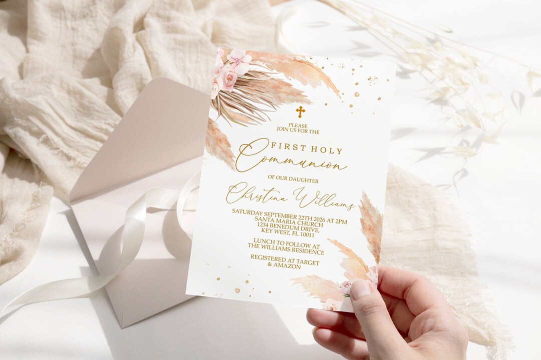 Pampas Grass First Holy Communion Invitation EDITABLE Boho Floral Girl ...