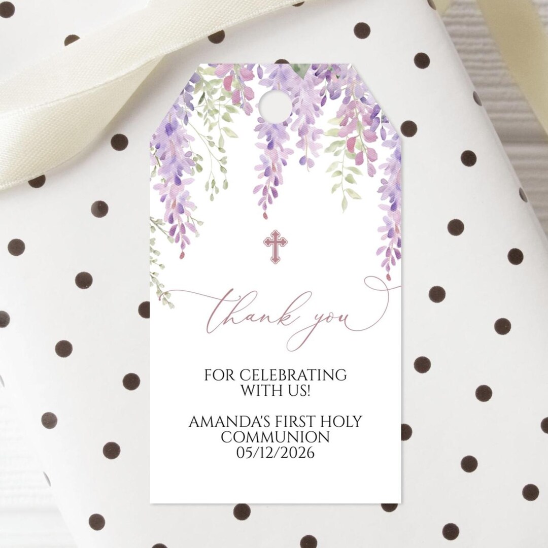 Purple Wisteria First Holy Communion Favor Tag | Editable Thank You Tag ...