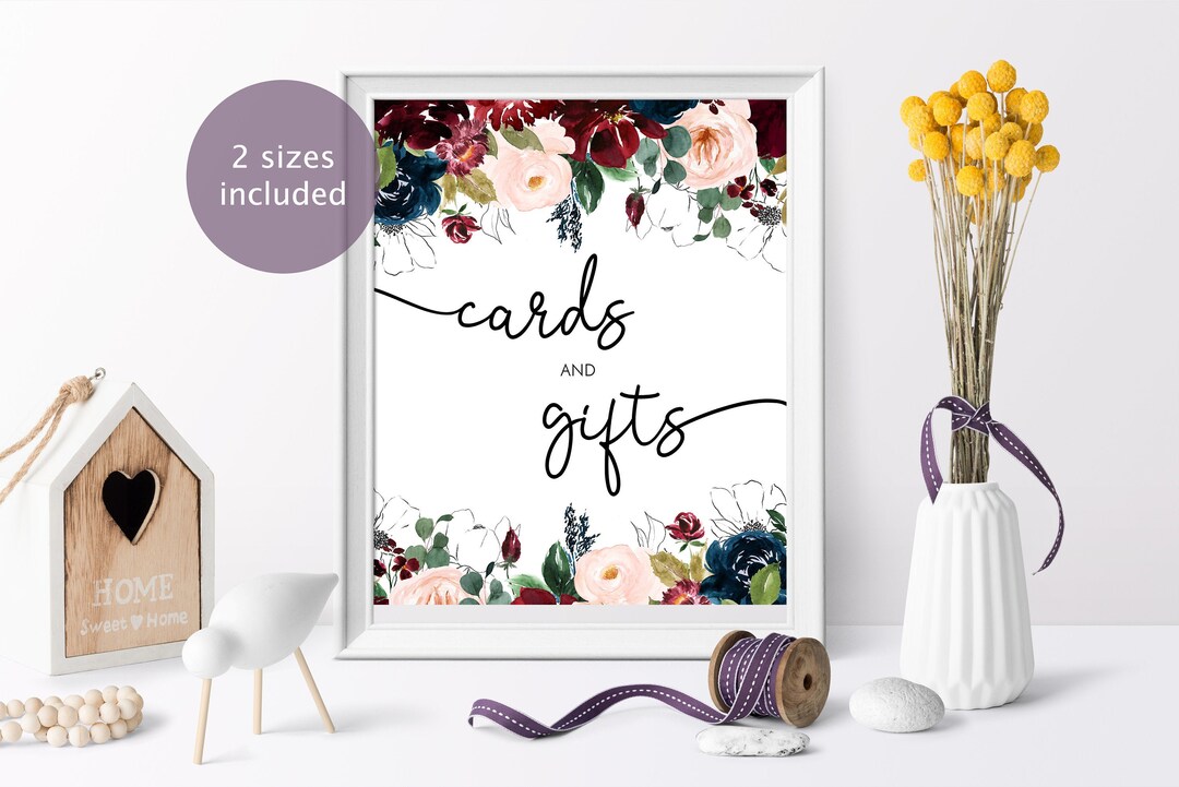Burgundy & Blush Cards and Gifts Sign, Printable Baby Shower Party Card ...