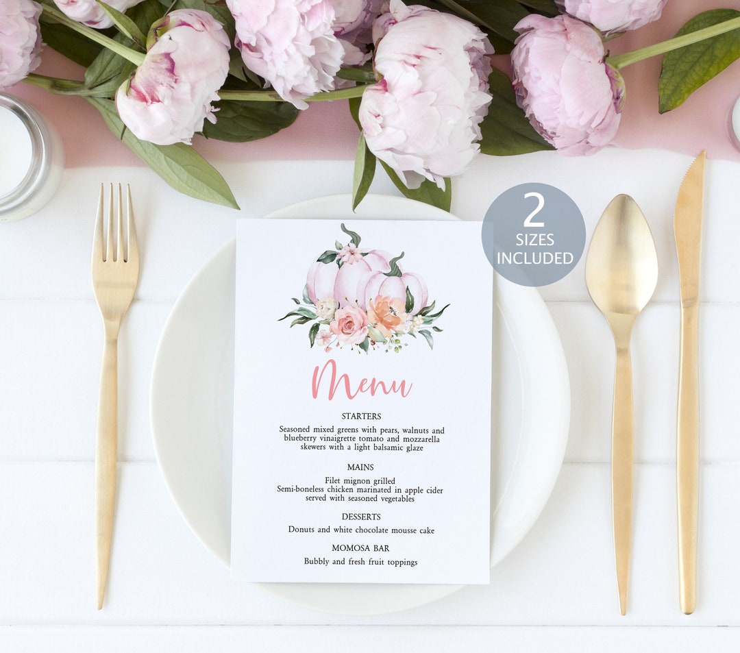 Pumpkin Menu Template: Blush Pink Floral, Fall Wedding, Editable ...