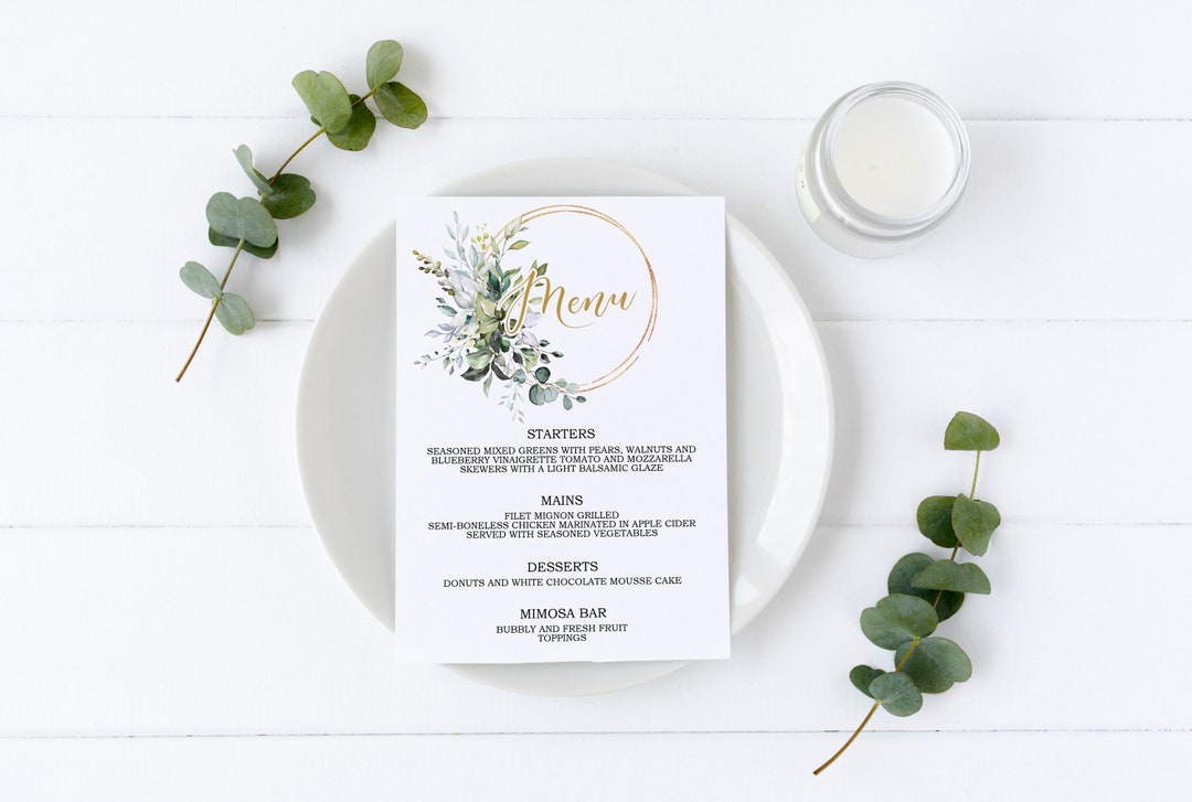 Greenery Menu, EDITABLE, Printable Floral Wedding Menu Template, Green ...