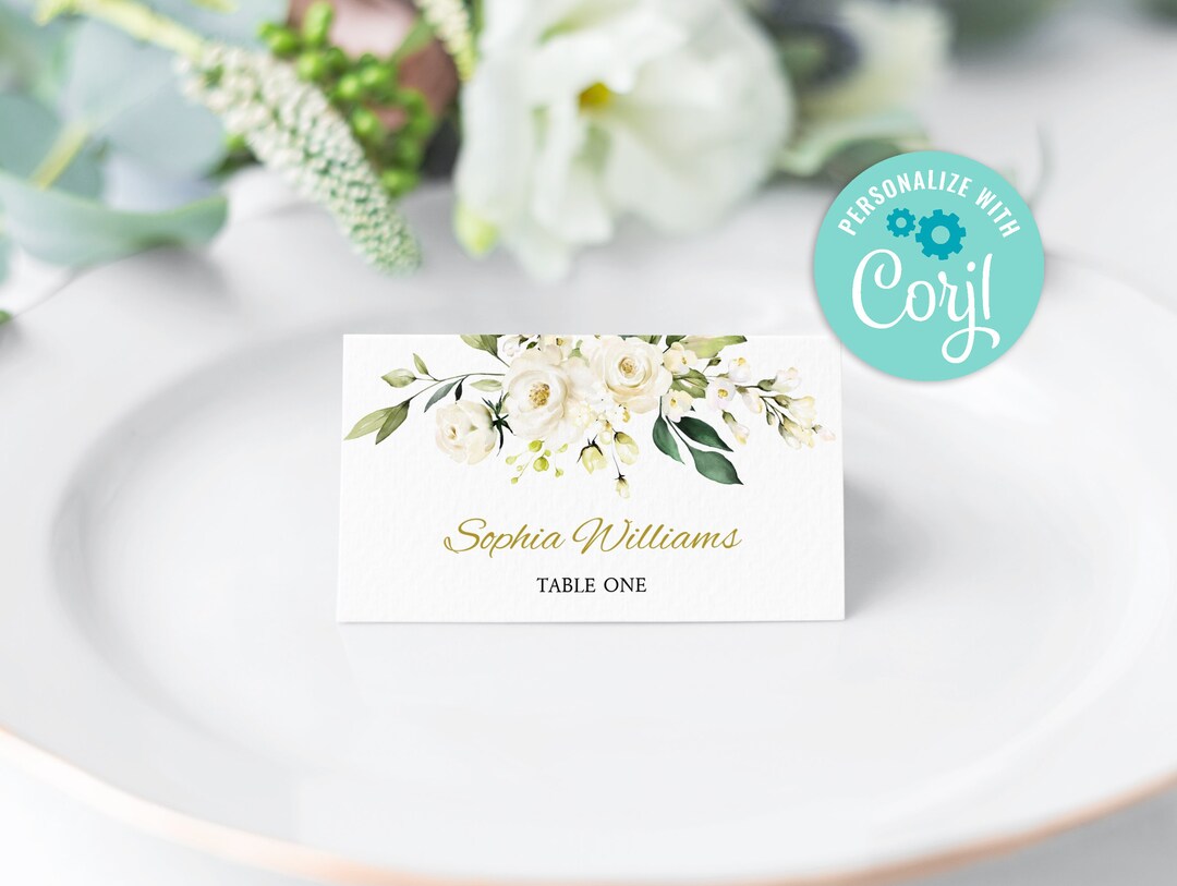 Editable White Flowers Place Cards, Printable Place Card Template ...