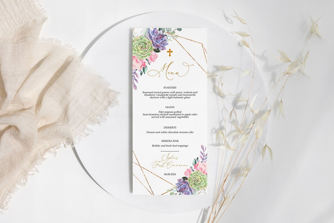 Succulent Floral Menu | Editable Template | Printable Boho Wedding Menu ...