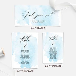Blue Watercolor Seating Chart Small Pages, EDITABLE Template, Modern ...