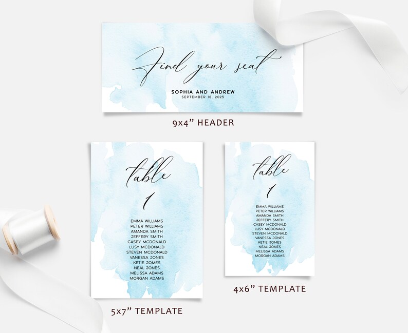 Blue Watercolor Seating Chart Small Pages EDITABLE Template | Etsy