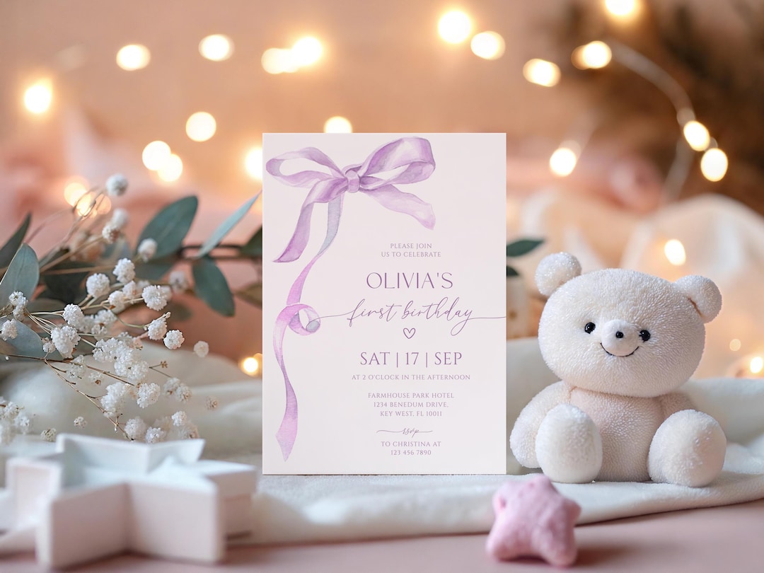 Lavender Bow Girl Birthday Invitation | EDITABLE Printable Watercolor ...