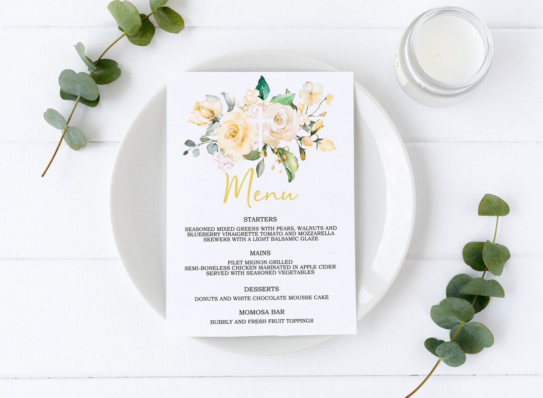 Yellow Flowers Baptism Menu, EDITABLE Template, Printable Baby Shower ...