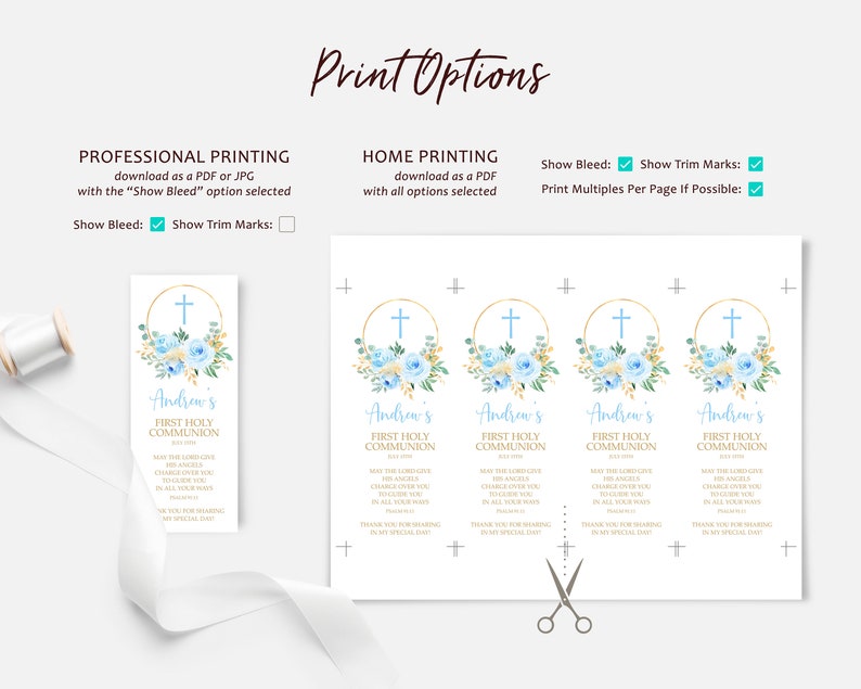 First Holy Communion Bookmark EDITABLE Template Blue Rose - Etsy