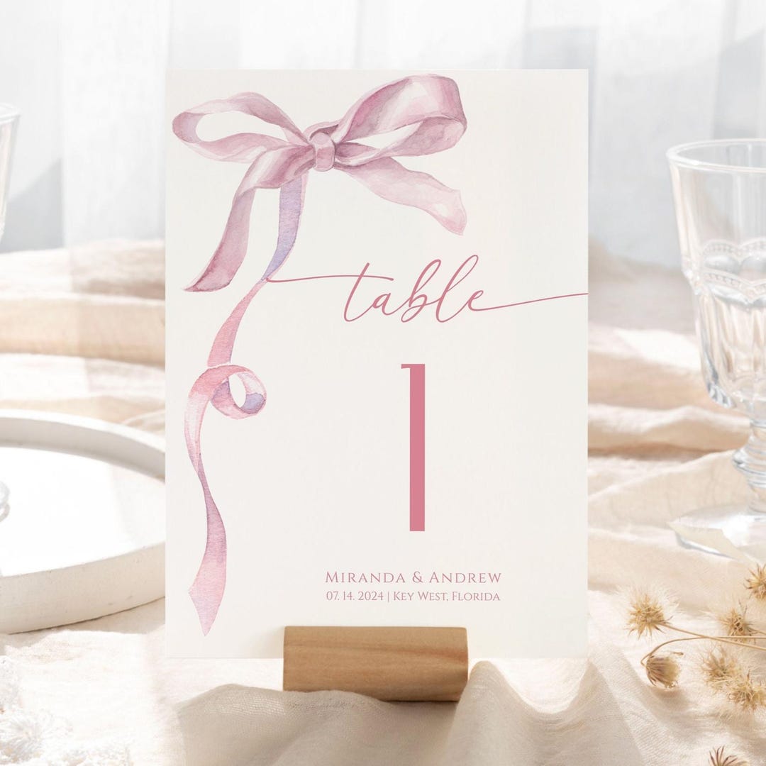 Pink Bow Table Numbers: Watercolor Ribbon Wedding Seating (EDITABLE ...