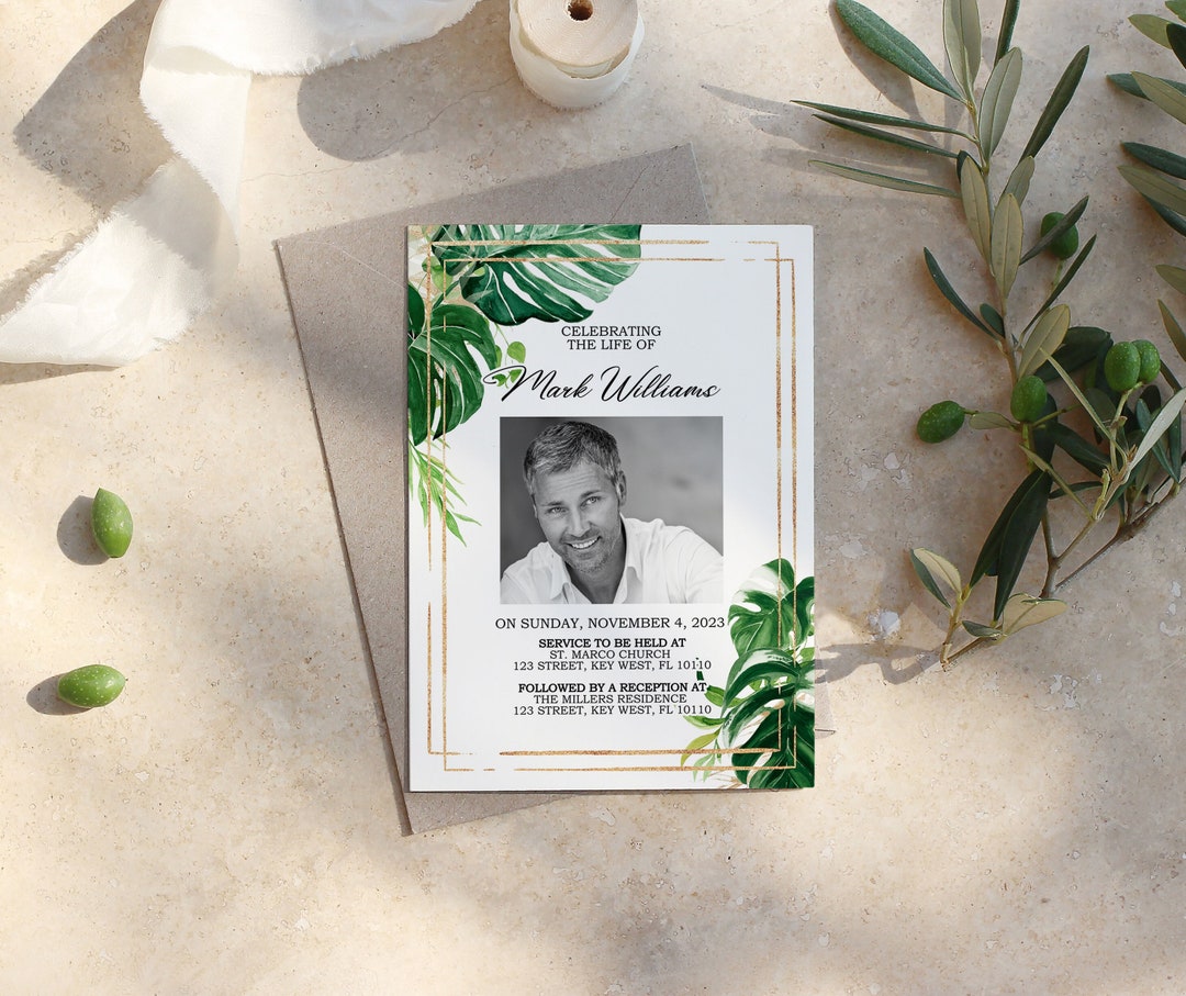 Tropical Funeral Invitation Template: Green Floral Celebration of Life ...