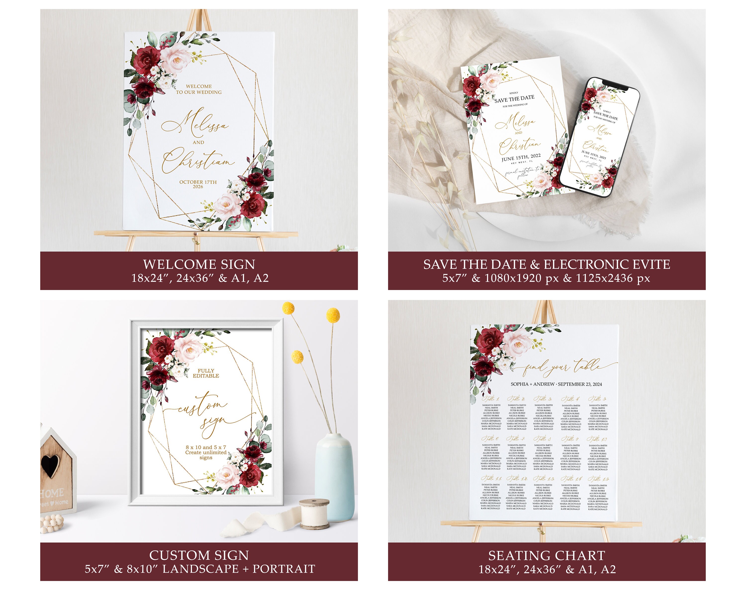 Marsala Rose Wedding Invitation Bundle: Editable Gold Frame (digital ...