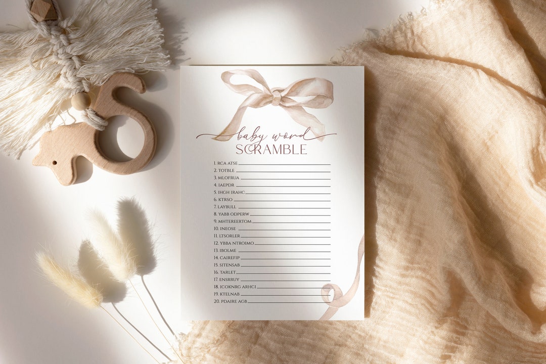 Beige Bow Baby Word Scramble Game | Editable Printable Watercolor Mocha ...