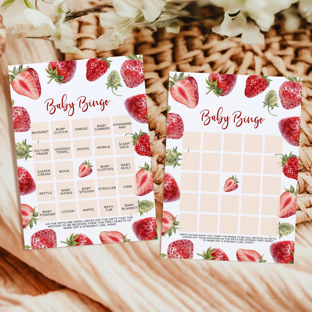 Strawberry Baby Shower Bingo Game: Red Berry Floral (printable Download ...