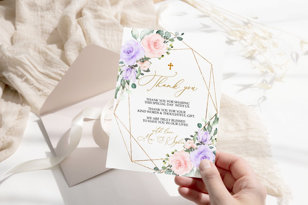 Floral First Communion Thank You Note: Pink, Violet, and Gold (EDITABLE ...