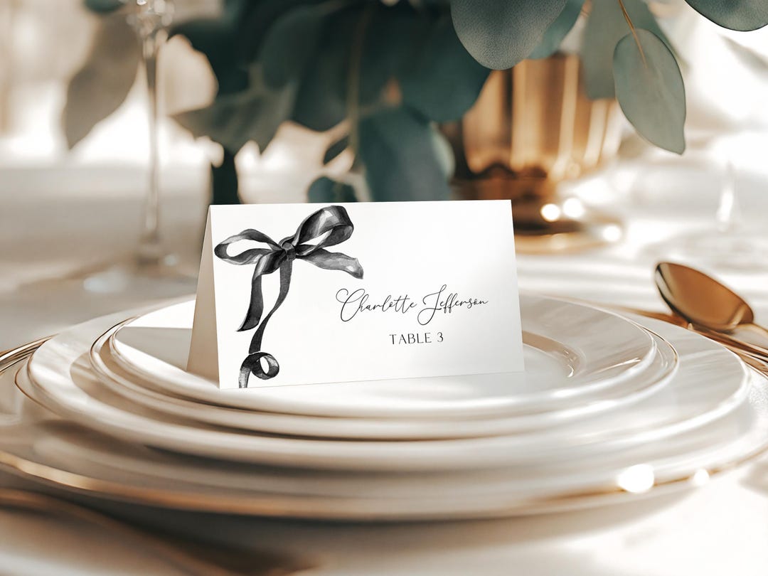 Elegant Black Bow Place Card Template: Minimalist Watercolor (printable ...