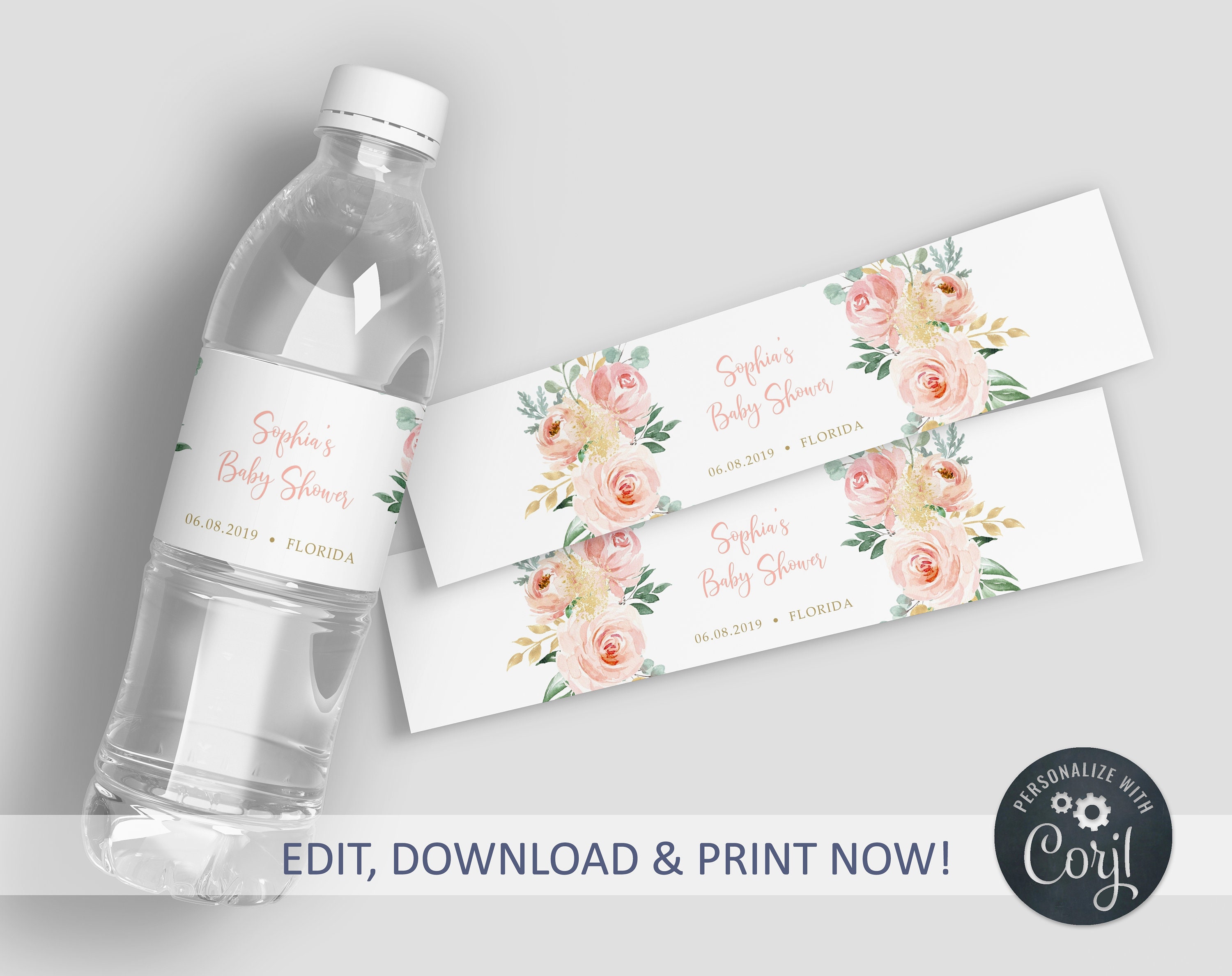 Blush Pink Bottle Label 100% EDITABLE Water Labels Printable | Etsy