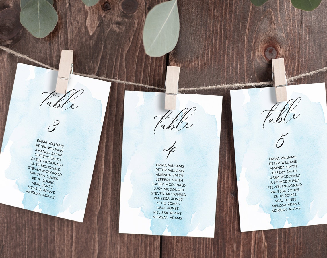 Blue Watercolor Seating Chart Small Pages EDITABLE Template | Etsy