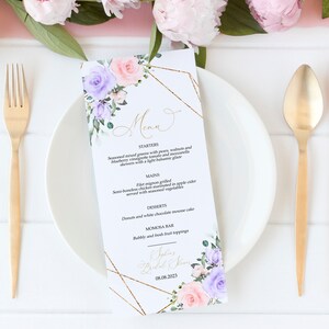 Blush Pink & Violet Flowers Menu, EDITABLE Template, Printable Boho ...