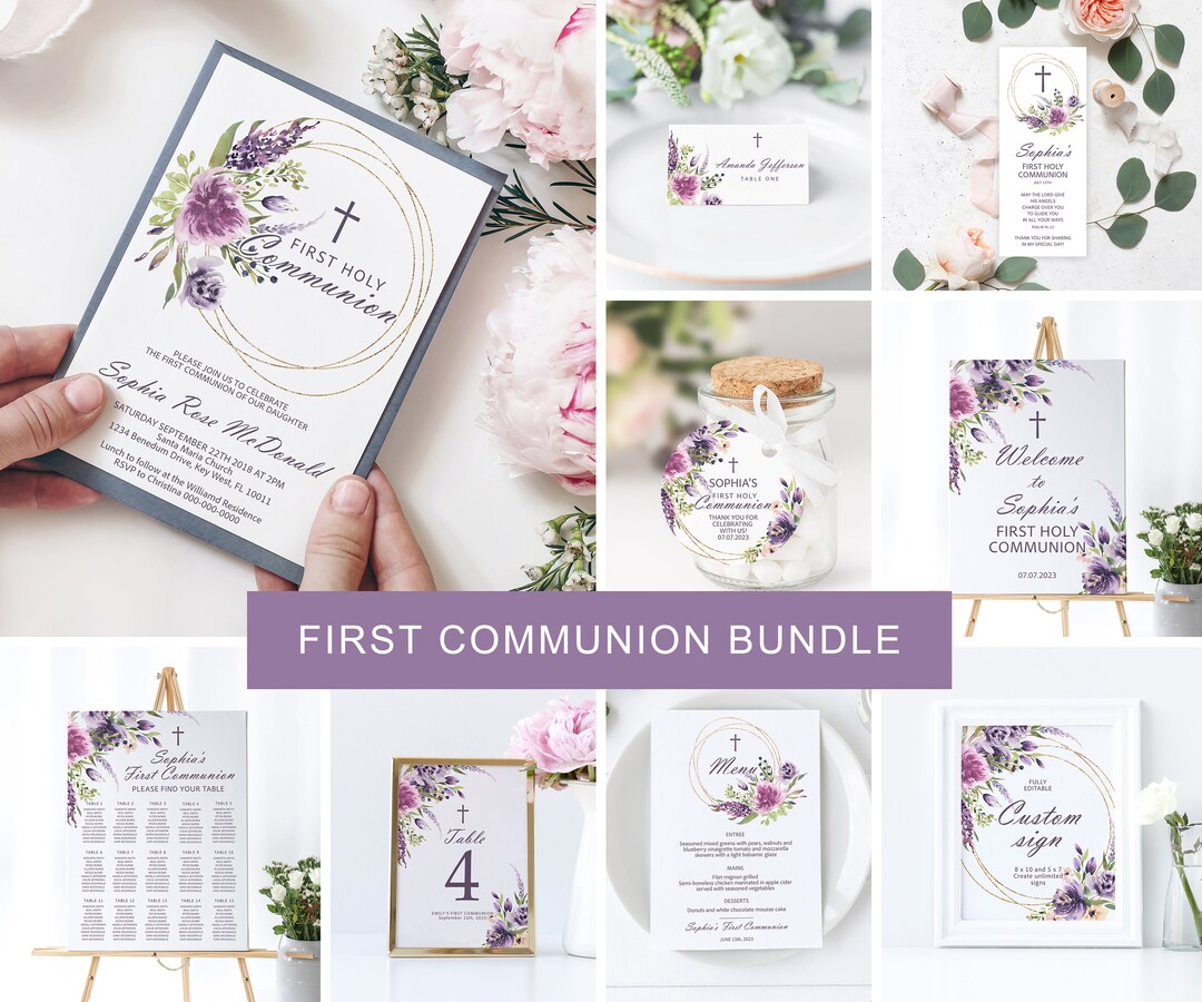 First Holy Communion Invitation Bundle, EDITABLE Template, Lavender ...