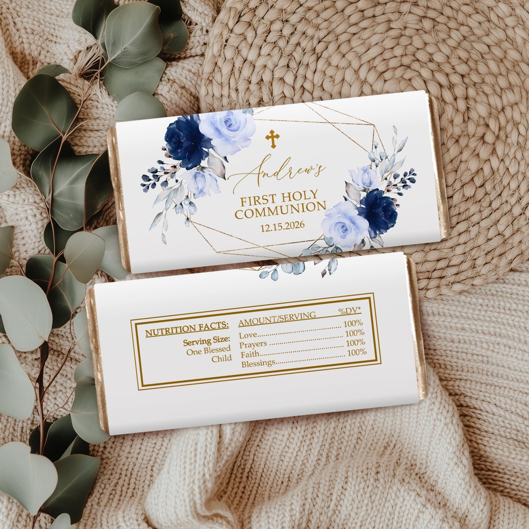 Floral First Communion Chocolate Bar Wrapper: Navy Blue & Gold ...