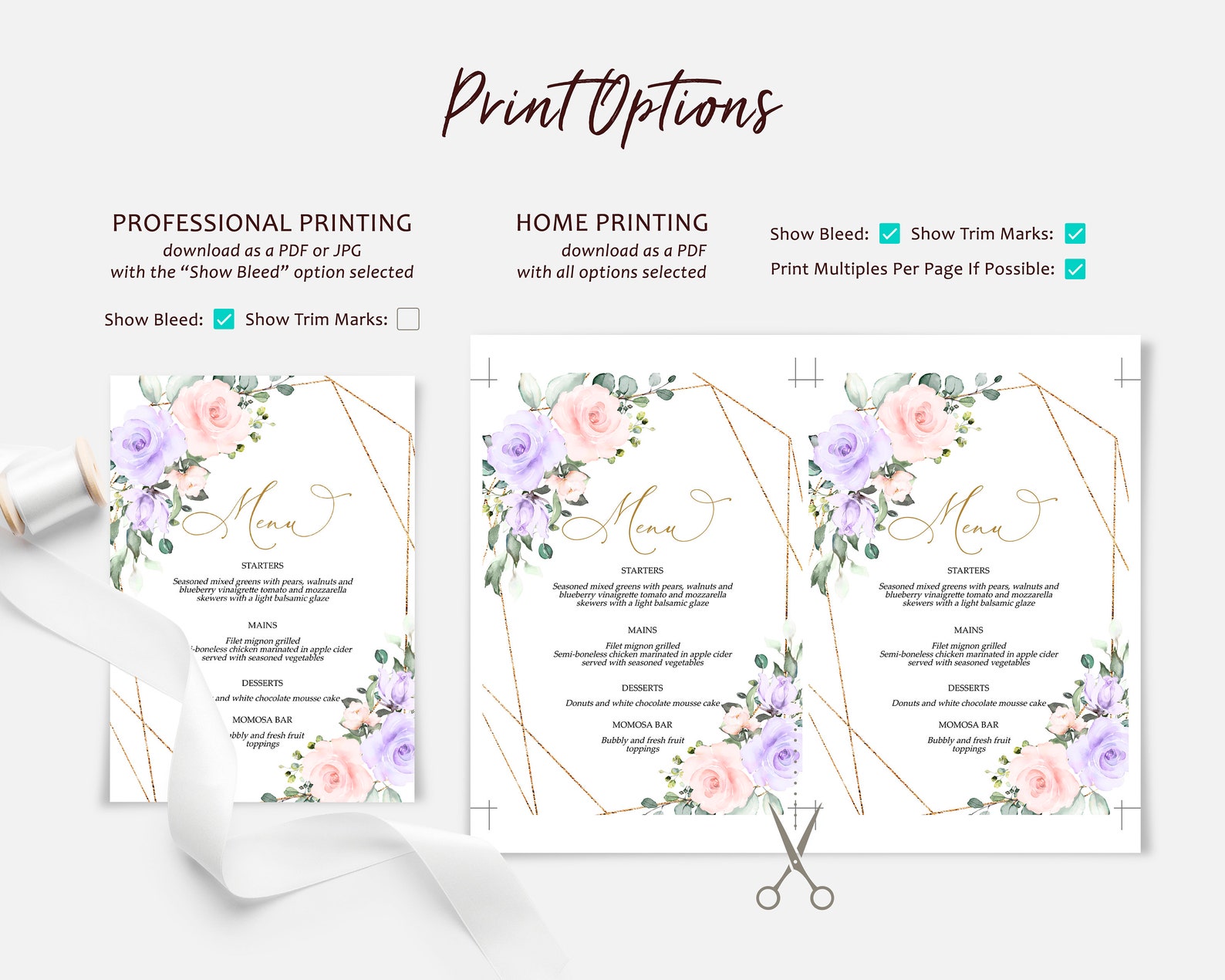 Blush Pink & Violet Flowers Menu EDITABLE Template Printable | Etsy