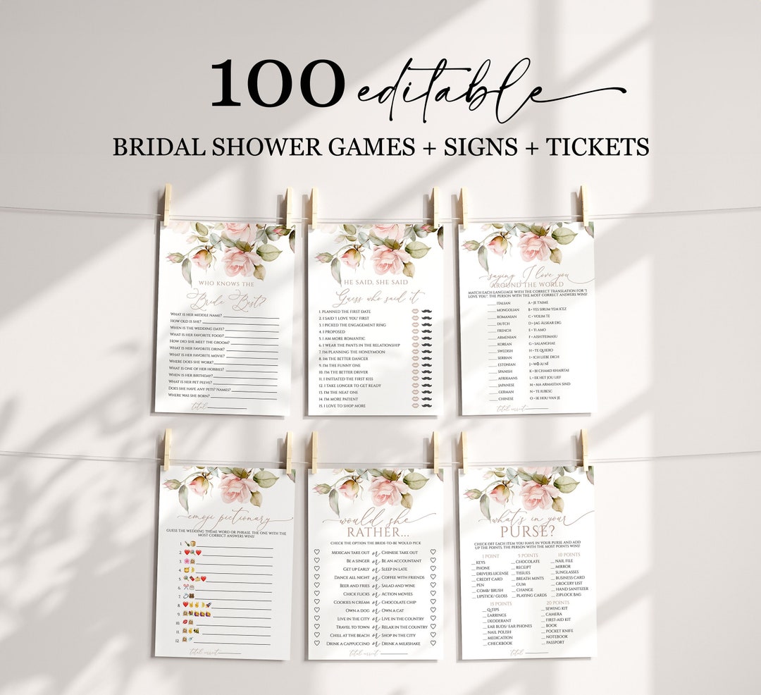 Rose Bridal Shower Games Bundle: Editable Floral Template (digital ...