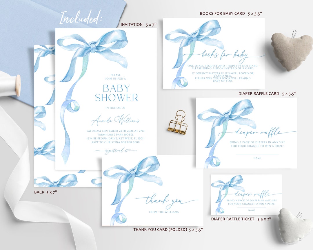 Blue Bow Baby Shower Invitation Set, EDITABLE Printable Watercolor Blue ...
