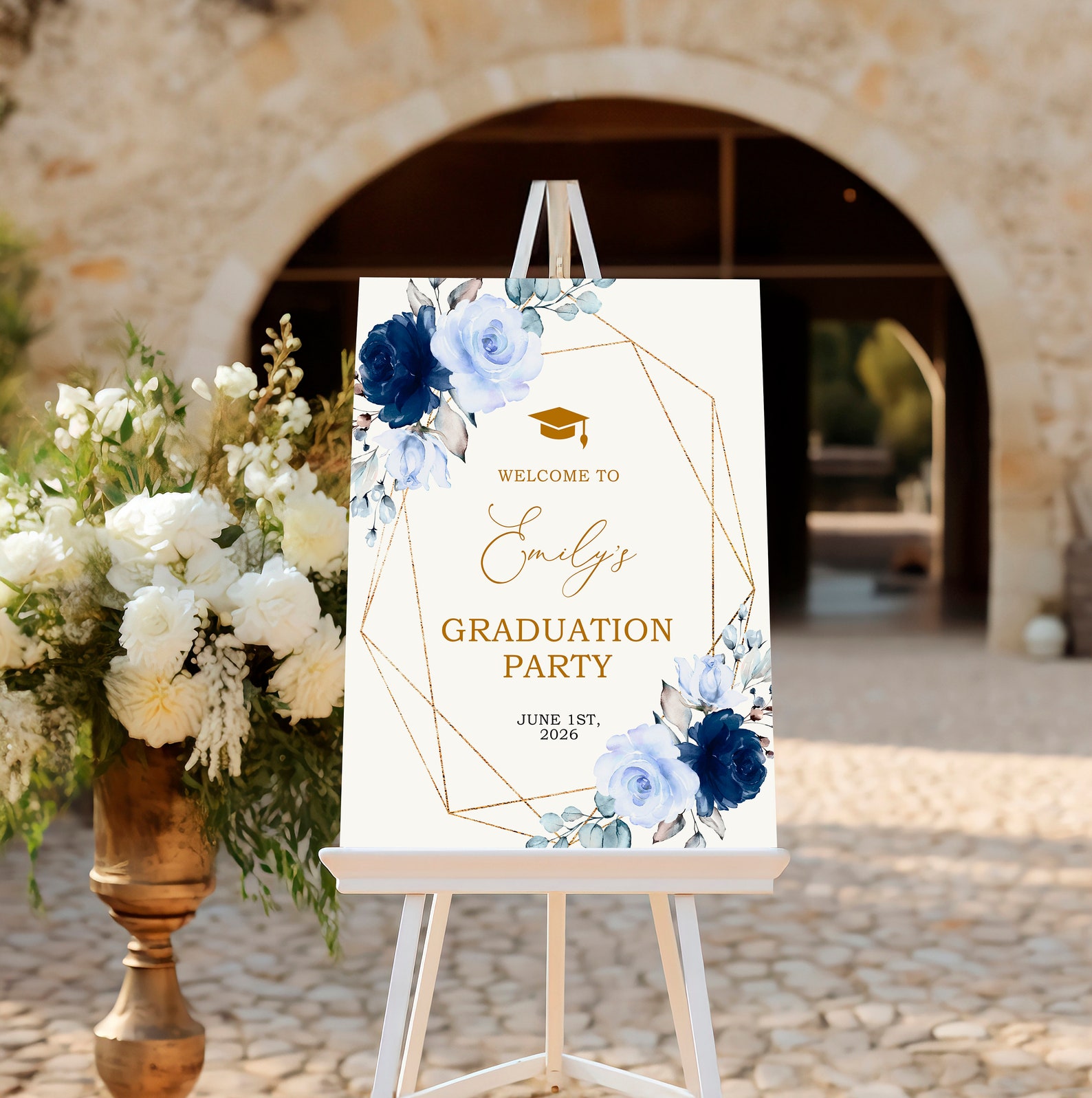 Navy Blue & Gold Floral Graduation Party Welcome Sign, EDITABLE Light ...