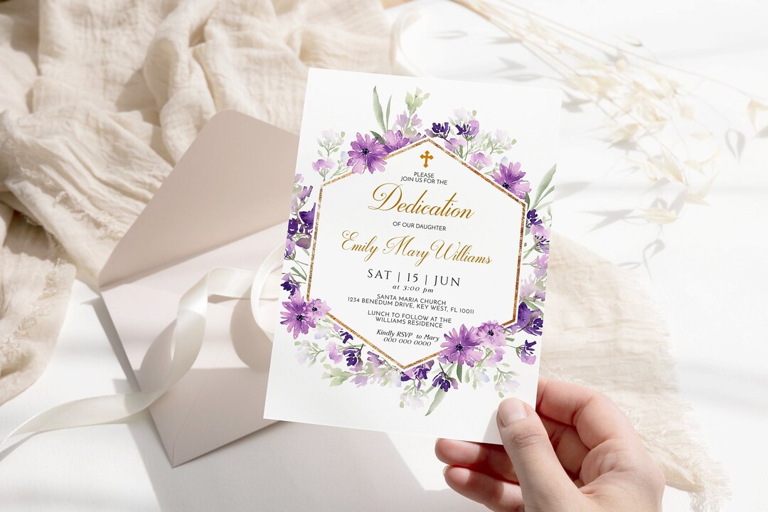 Purple Dedication Invitation Editable Template for Rustic Floral Girl ...