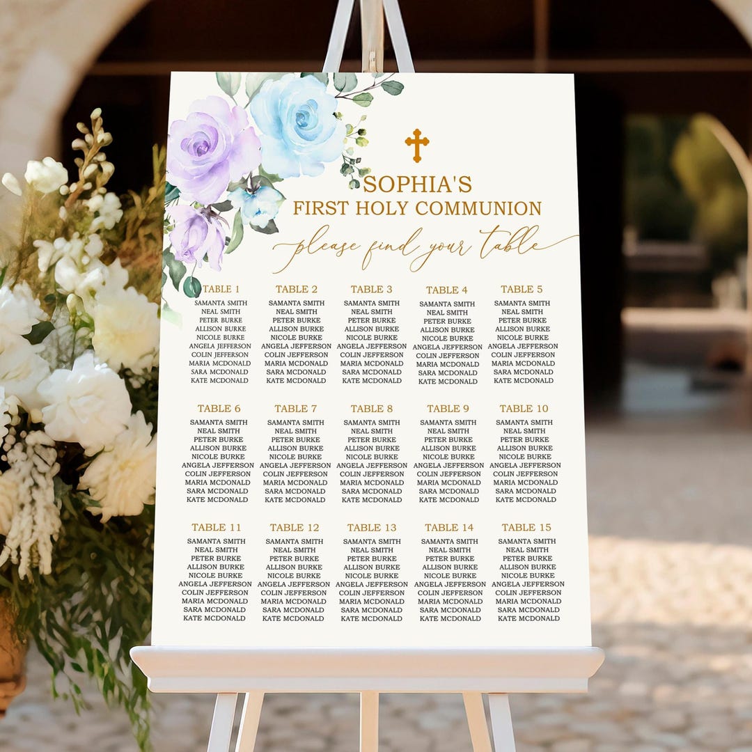 First Communion Seating Chart | EDITABLE Blue & Purple Flowers Table ...