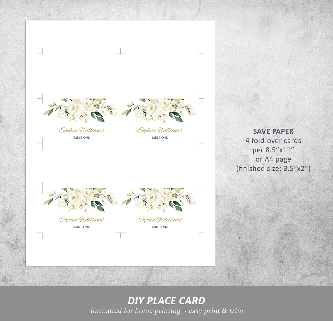 Editable White Flowers Place Cards Printable Place Card - Etsy