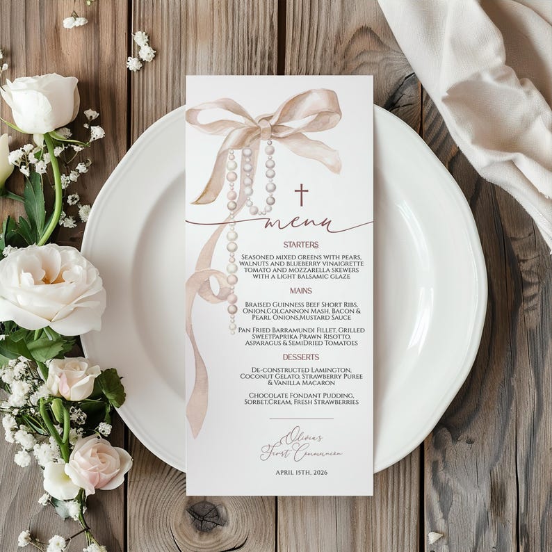 Beige Bow Rosary Menu: Baptism, Communion, Confirmation (EDITABLE ...