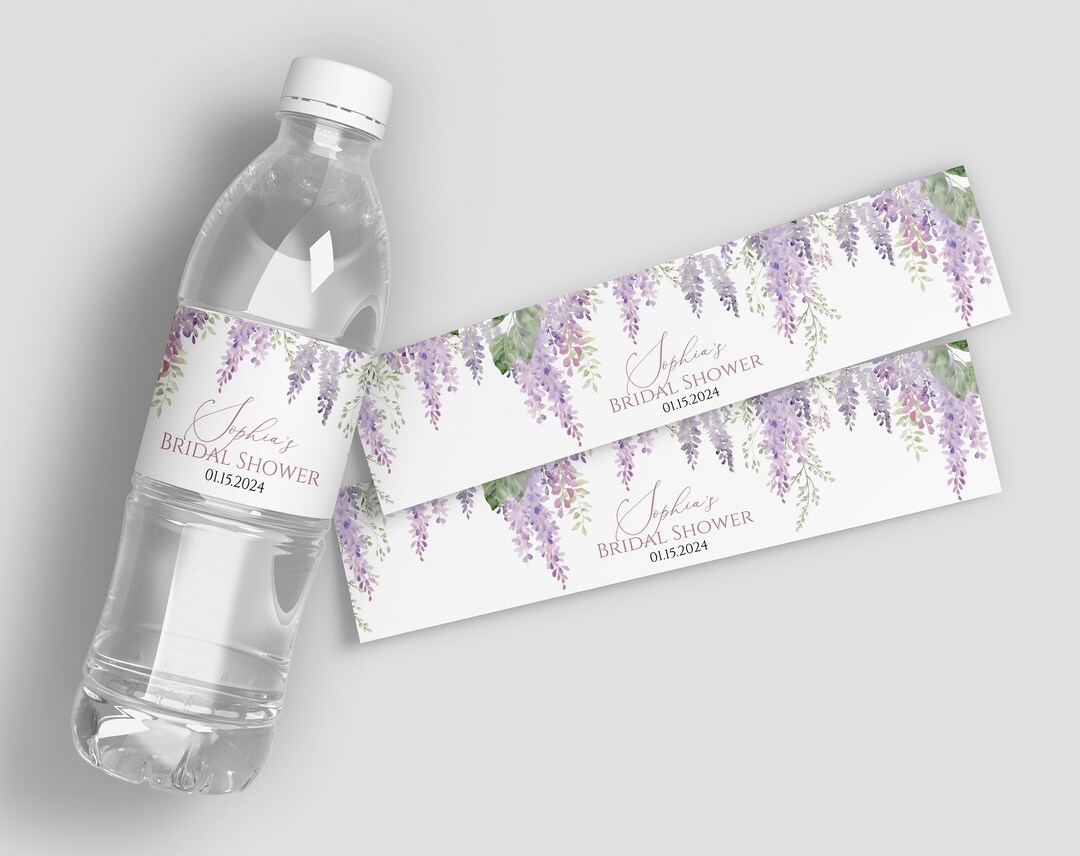 Purple Wisteria Water Bottle Label, EDITABLE Lavender Floral Baby ...
