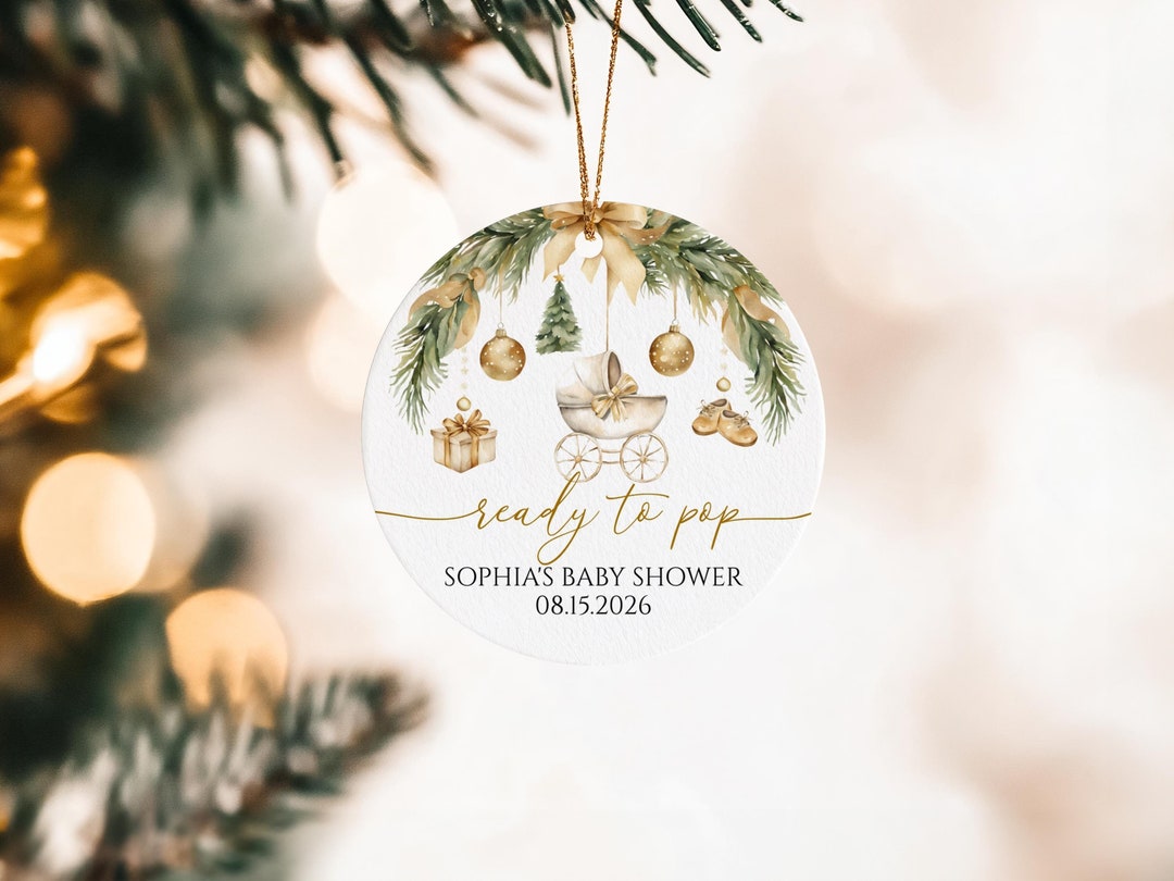Christmas Baby Shower Favor Tag: Gold Bow, Pine & Pram (editable ...