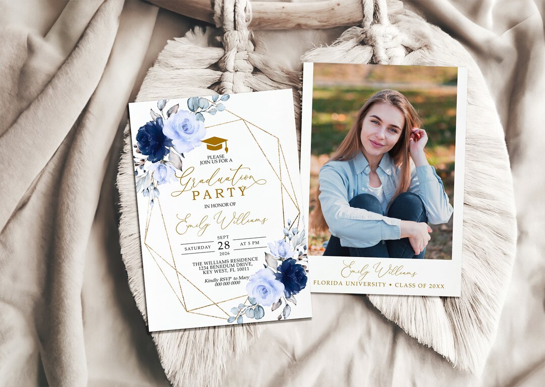 Navy Blue & Gold Frame Floral Graduation Party Invitation | Printable ...