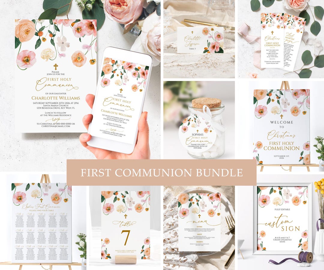 Peach Floral First Communion Bundle, Spring Printable Set - Etsy