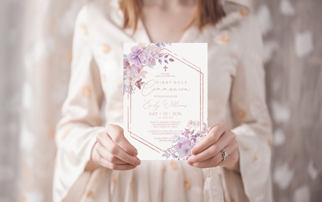 Purple Floral First Communion Invitation: Rose Gold Frame (editable ...