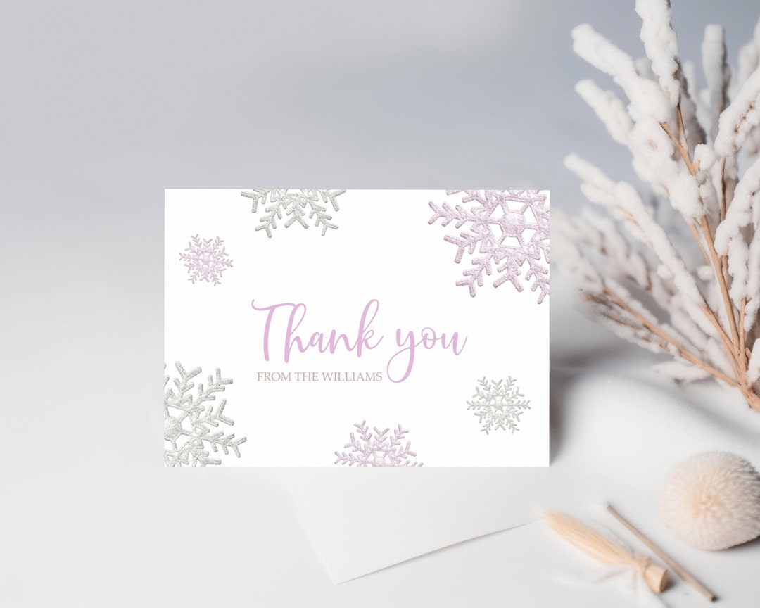 Winter Thank You Card, Editable Printable Wedding Thank You Note, Pink ...