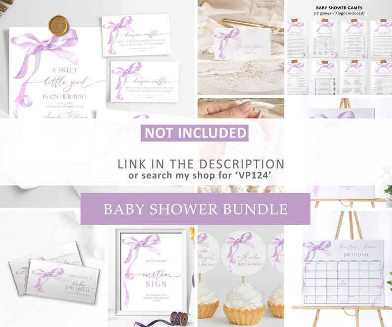 Purple Bow Baby Shower Invitation Bundle: Editable Template (digital ...