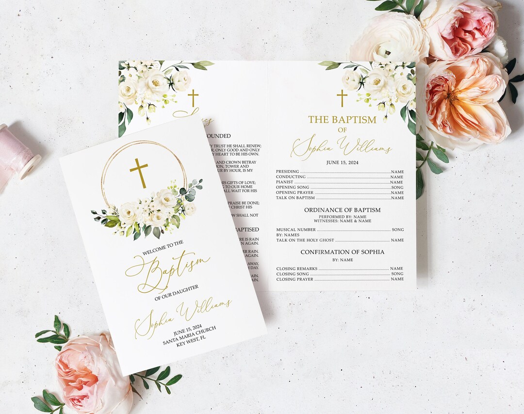White Rose Baptism Program Template: Editable Christening Order of ...