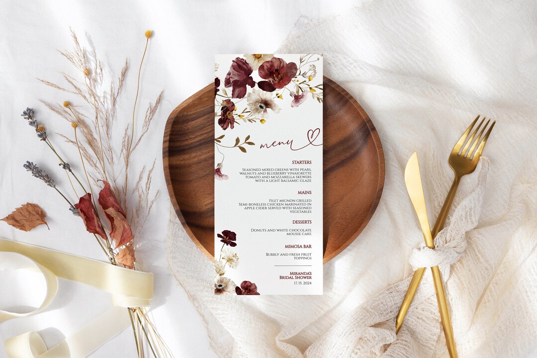 Fall Wildflowers Menu, EDITABLE Template, Printable Autumn Floral ...