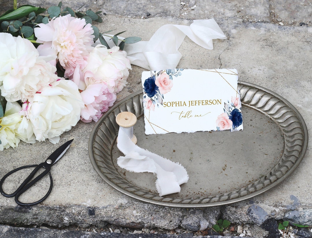 Blush Pink & Navy Floral Place Cards, EDITABLE Template, Printable Blue ...
